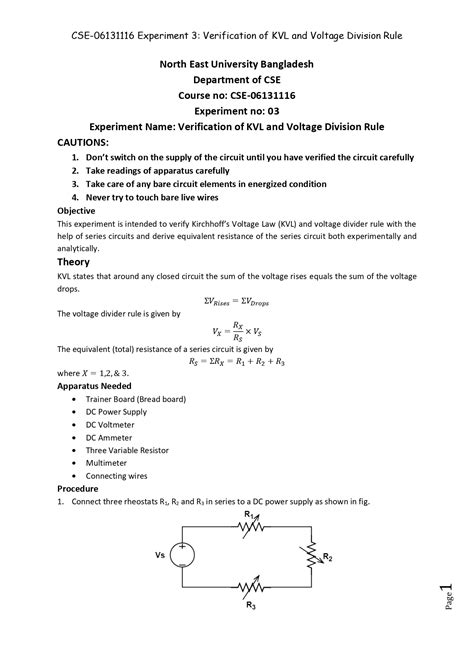 CSE 06131116 Spring 2024 Experiment 3 Verification Of KVL And Voltage