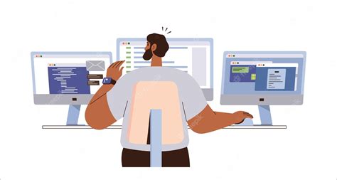 Premium Vector Male Programmer Freelancer Working On Multi Display