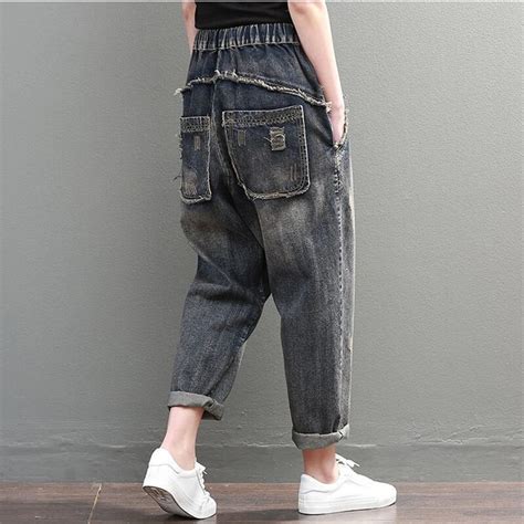 2023 нови дънкови кръпки с бродерия на еластична талия харем панталони дамски ретро широки плюс