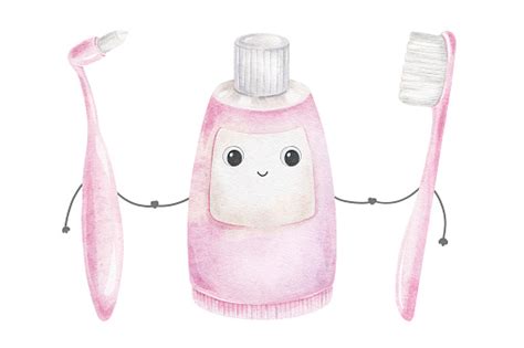 친근한 카와이 치약 캐릭터 칫솔 손을 들고 있습니다 고립 된 손으로 그린 수채화 아기 그림 어린이 용품 소아 치과 치과 치료 구강 위생 0명에 대한 스톡 벡터 아트 및 기타