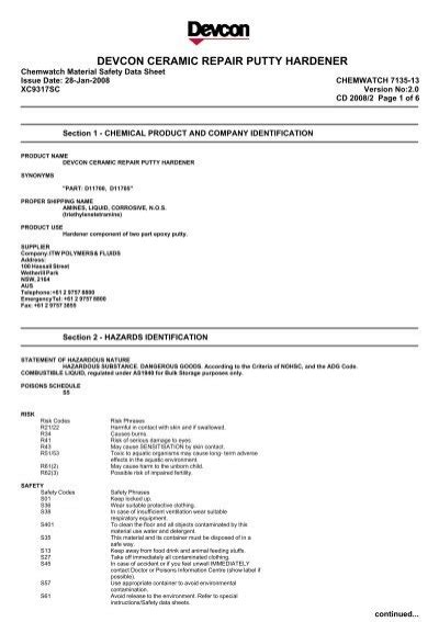 Devcon Ceramic Repair Putty Hardener Itw Polymers And Fluids