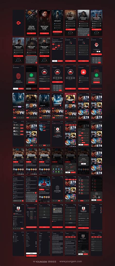 65屏国外在线影院流媒体平台电影app用户界面设计ui套件模板下载 颜格视觉 花瓣网