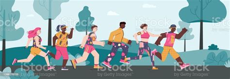 공원이나 자연에서 만화 주자가있는 배너벡터 플랫 일러스트레이션 건강한 생활방식에 대한 스톡 벡터 아트 및 기타 이미지 건강한 생활방식 경쟁 공원 Istock