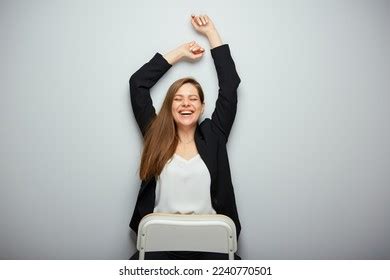 Happy Business Woman Black Suit Sitting Stock Photo 2240770501