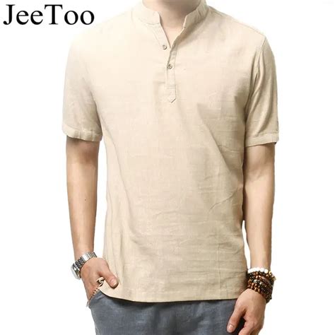 Hot New Solid Polo Shirt Men Casual Mandarin Collar Linen Polo Men
