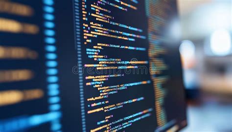 Focused View Of Secure Software Development Code Displayed On Computer Screen With Blurred