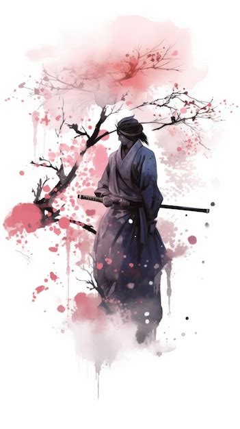 Silueta De Un Samurai Y Ramas De Sakura A Su Alrededor En Estilo