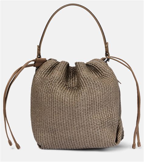 Brunello Cucinelli Raffia Leather Trimmed Bucket Bag In Brown Lyst