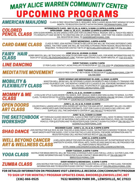Classes And Programs Announced For June Town Of Lewisville Nc