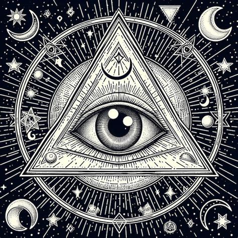Eye In Triangle And Moon Phase Highlights For Social Media Line Drawing