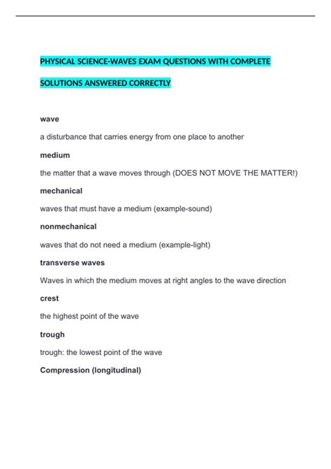 Physical Science Waves Exam Questions With Complete Solutions Answered Correctly Physical