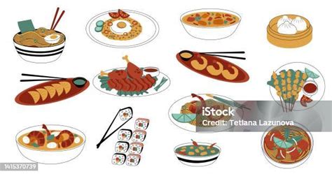 아시아 음식 중국 일본과 한국 국가 요리 매운 음식 바다 생선 쌀과 소스를 곁들인 그릇과 접시 벡터 전통적인 동부 식사 고립