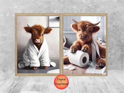 Funny Highland Cow Toilet Art Scottish Cow Bathroom Prints Whimsy