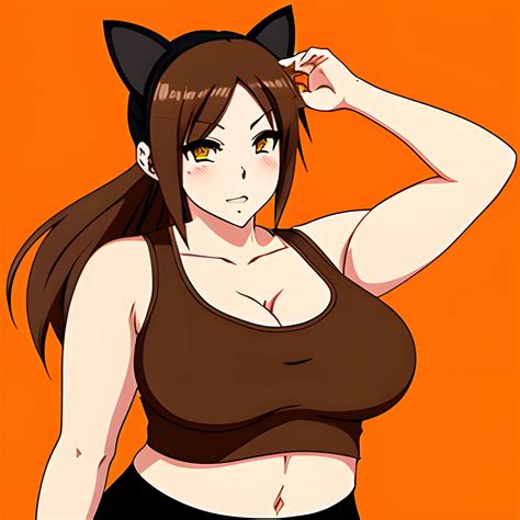 Anime Style Fat Girl Brown Hair Neko Cat Ears Brown Eyes Hair Bun