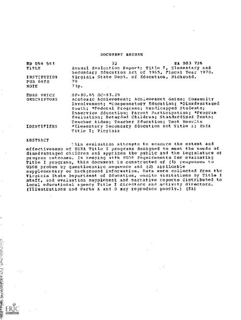 Fillable Online Annual Evaluation Report Title I Elementary And