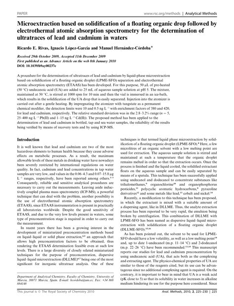 Pdf Microextraction Based On Solidification Of A Floating Organic Drop Followed By