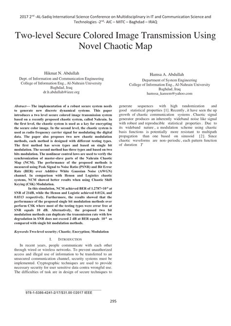 Pdf Two Level Secure Colored Image Transmission Using Novel Chaotic Map