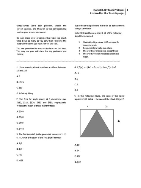 Act Math Problems Sample Prepared By Shar Mae Gayangos Pdf Teaching