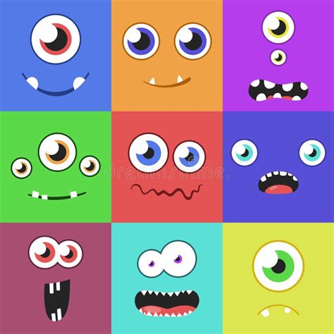 Set Of Cartoon Monster Faces With Different Expression Of Emotions
