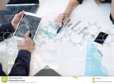 Gears On Virtual Screen Business Strategy And Technology Concept Automation Process Stock