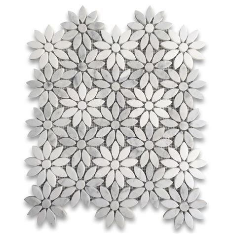 Carrara White And Thassos Marble Daisy Flower Mosaic Tile Polished