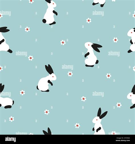 Seamless Easter Pattern With Cute Bunny And Flowers Vector Rabbit