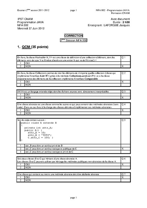 Qcm Java Corrige Qsm With Correction Formation Cnam Ipst Cnam Programmation Java Nfa 002