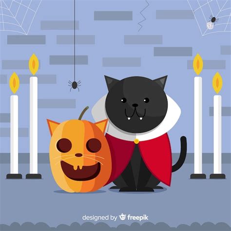 Halloweenowy kot tło w płaskim projekcie Darmowy Wektor