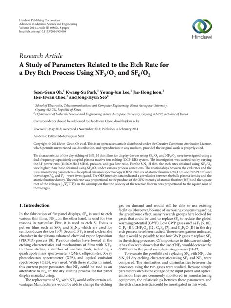 Pdf A Study Of Parameters Related To The Etch Rate For A Dry Etch
