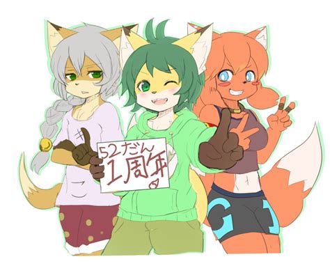 Safebooru 3girls Blue Eyes Fox Furry Green Eyes Green Hair Grey Hair