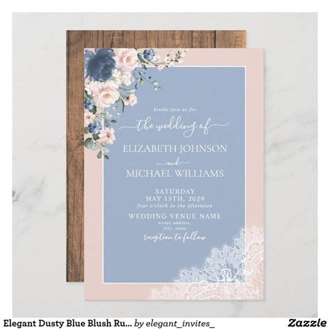 Elegant Dusty Blue Blush Rustic Wood Lace Wedding Invitation Zazzle