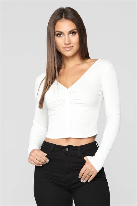 Rita Long Sleeve Ruched Top White Fashion Nova Knit Tops Fashion