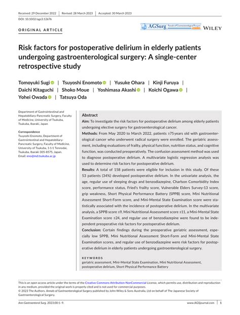 Pdf Risk Factors For Postoperative Delirium In Elderly Patients Undergoing Gastroenterological