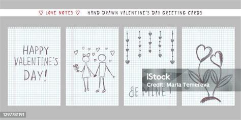 순진한 손으로 그린 스타일 귀여운 발렌타인 데이 인사말 카드 체크 시트에 손으로 쓴 러브 노트 메시지 인물 형식 배너 초대 전단지 브로셔 카드 감탄에 대한 스톡 벡터 아트