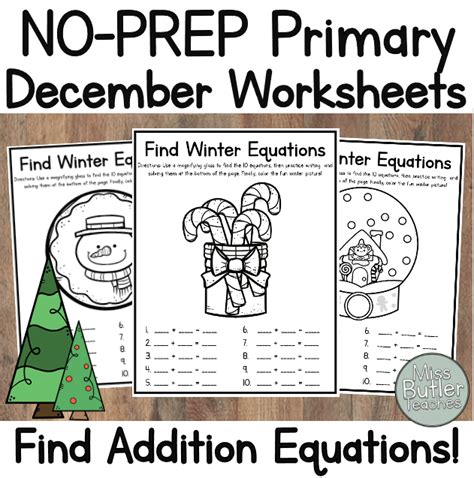 December Kindergarten Worksheets Find Winter Addition Equations Math