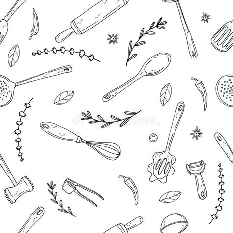 Seamless Vector Pattern Of Elements With Hand Drawn Kitchen Tools On A