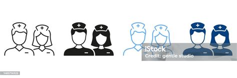 병원 직원 임상의 인턴 의사 간호사 픽토그램 일반 개업의 의사 기호 컬렉션 의료 전문가 남자와 여자 라인과 실루엣 아이콘 세트 격리된 벡터 그림 간호사에 대한 스톡 벡터