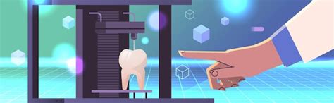 인간 이식 기관의 3d 바이오 프린터 의료 인쇄에 인쇄된 연구원 손 포인팅 치아 모델 프리미엄 벡터