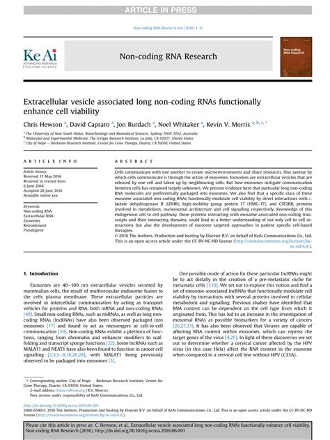 Pdf Extracellular Vesicle Associated Long Non Coding Rnas Functionally Enhance Cell Viability