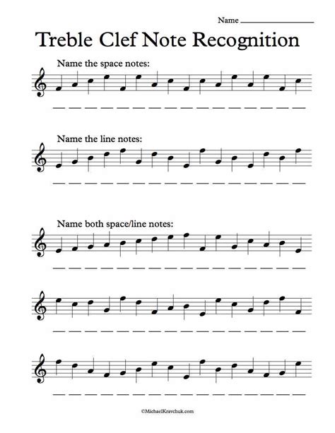 Treble Clef Note Recognition Worksheet Michael Kravchuk
