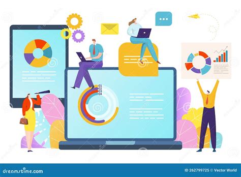 Business Analyze Statistic Data Information Tiny Character People Work Infographic Laptop Flat