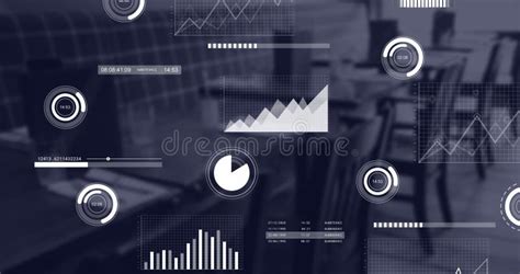 Image Of Interface With Statistical Data Processing Against Empty Cafe