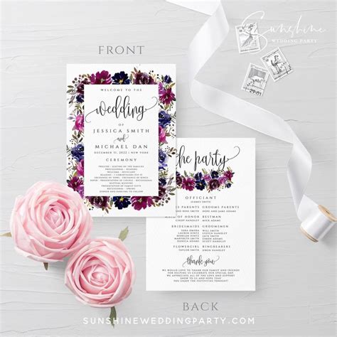 Blue And Purple Wedding Program Template Floral Printable Program Cards