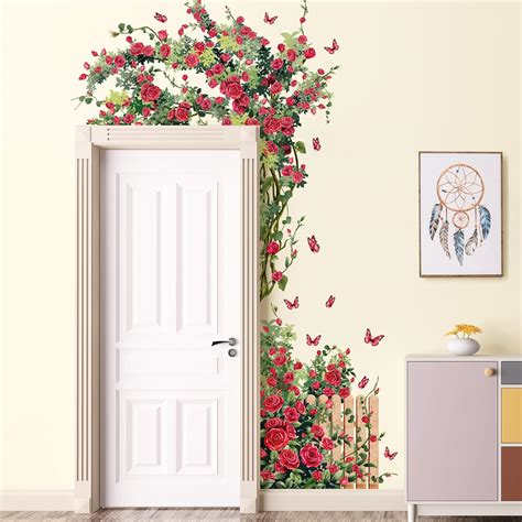 Buiory Removable Flower Wall Stickers Plants Rose Vine