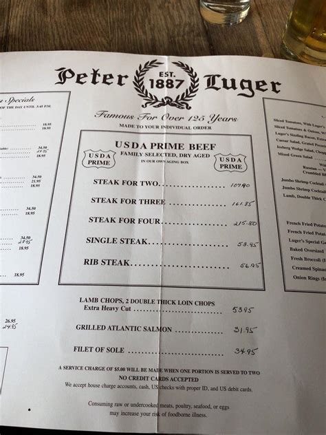 Menu At Peter Luger Steak House Steakhouse New York City Broadway
