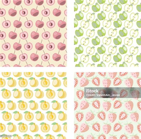 벡터 원활한 과일 패턴의 집합입니다 딸기 살구 사과 체리와 다른 밝은 배경 과일 및 패턴의 집합의 시리즈입니다 0명에 대한 스톡 벡터 아트 및 기타 이미지 Istock