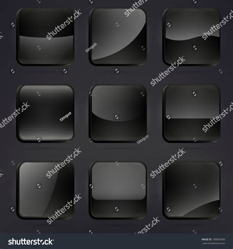 Black Glossy Square Application Buttons Or App Banners With Rounded Corners And Different Gloss