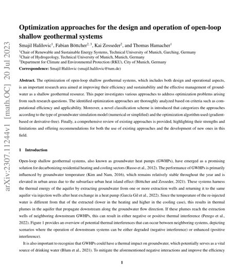 Pdf Optimization Approaches For The Design And Operation Of Open Loop Shallow Geothermal Systems