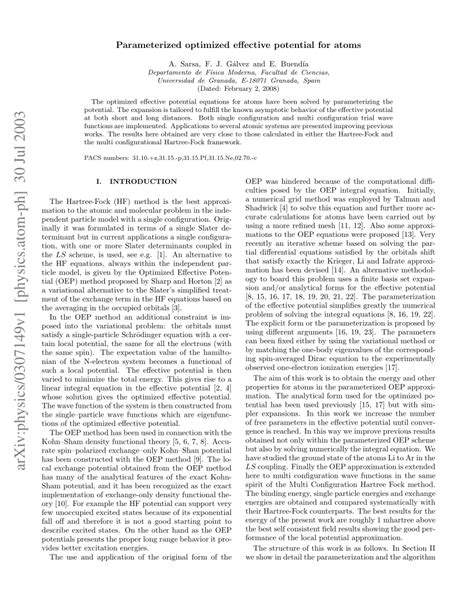 Pdf Parameterized Optimized Effective Potential For Atoms