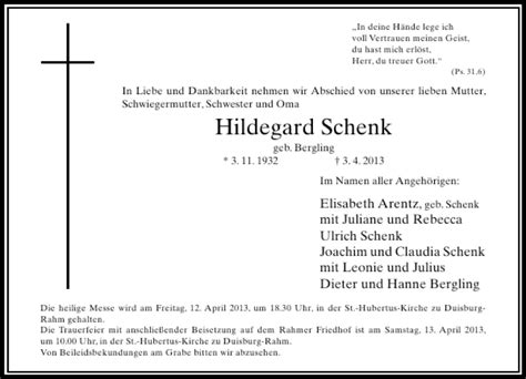 Alle Traueranzeigen für Hildegard Schenk trauer rp online de